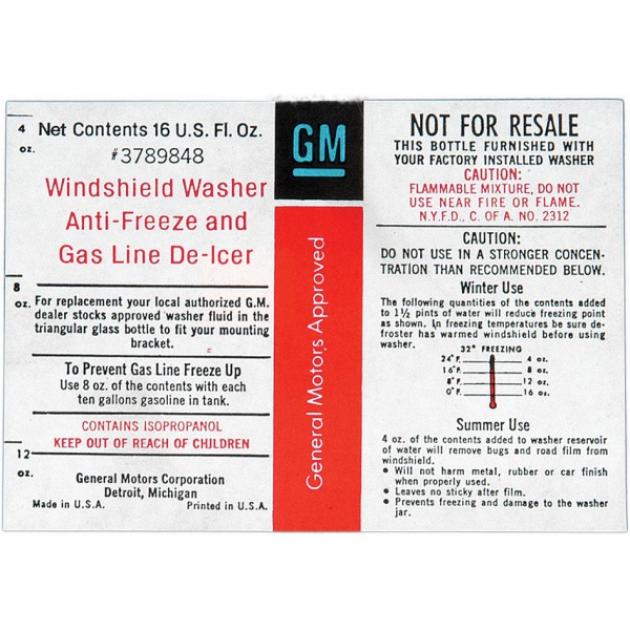 Full Size Chevy Windshield Washer Filler Bottle Label, 1967-1975 ...